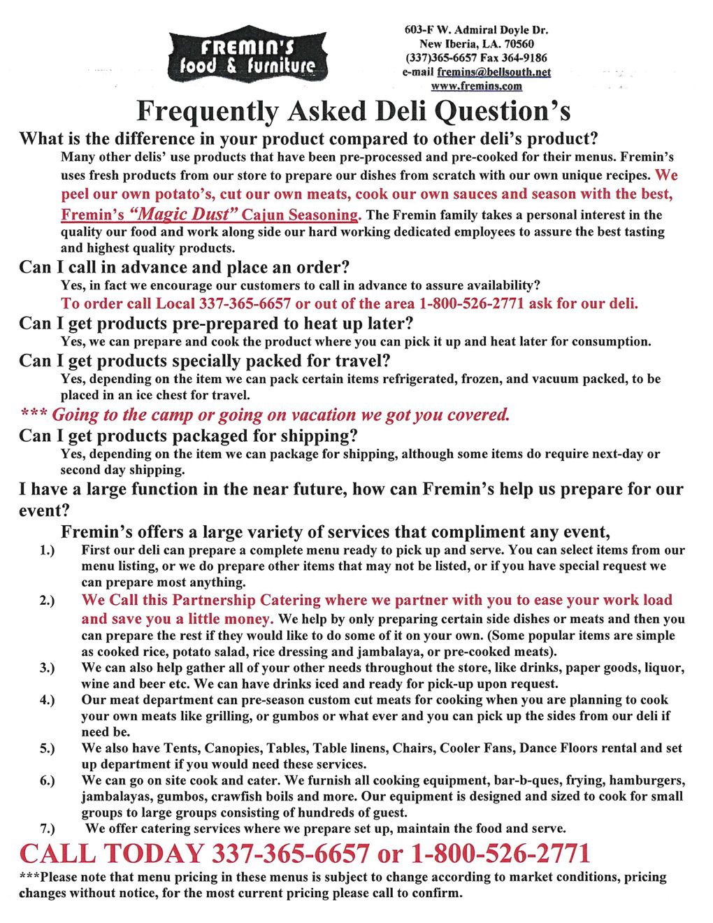 The Menu We Offer - Fremin's Food and Furniture