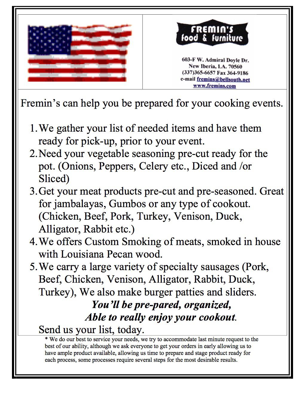 The Menu We Offer - Fremin's Food and Furniture