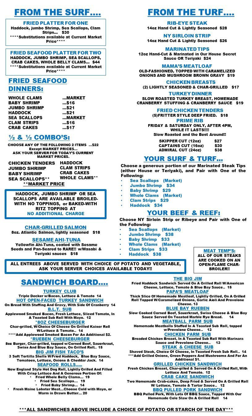 Restaurant Food Menu - Blue Bay Seafood and Steaks