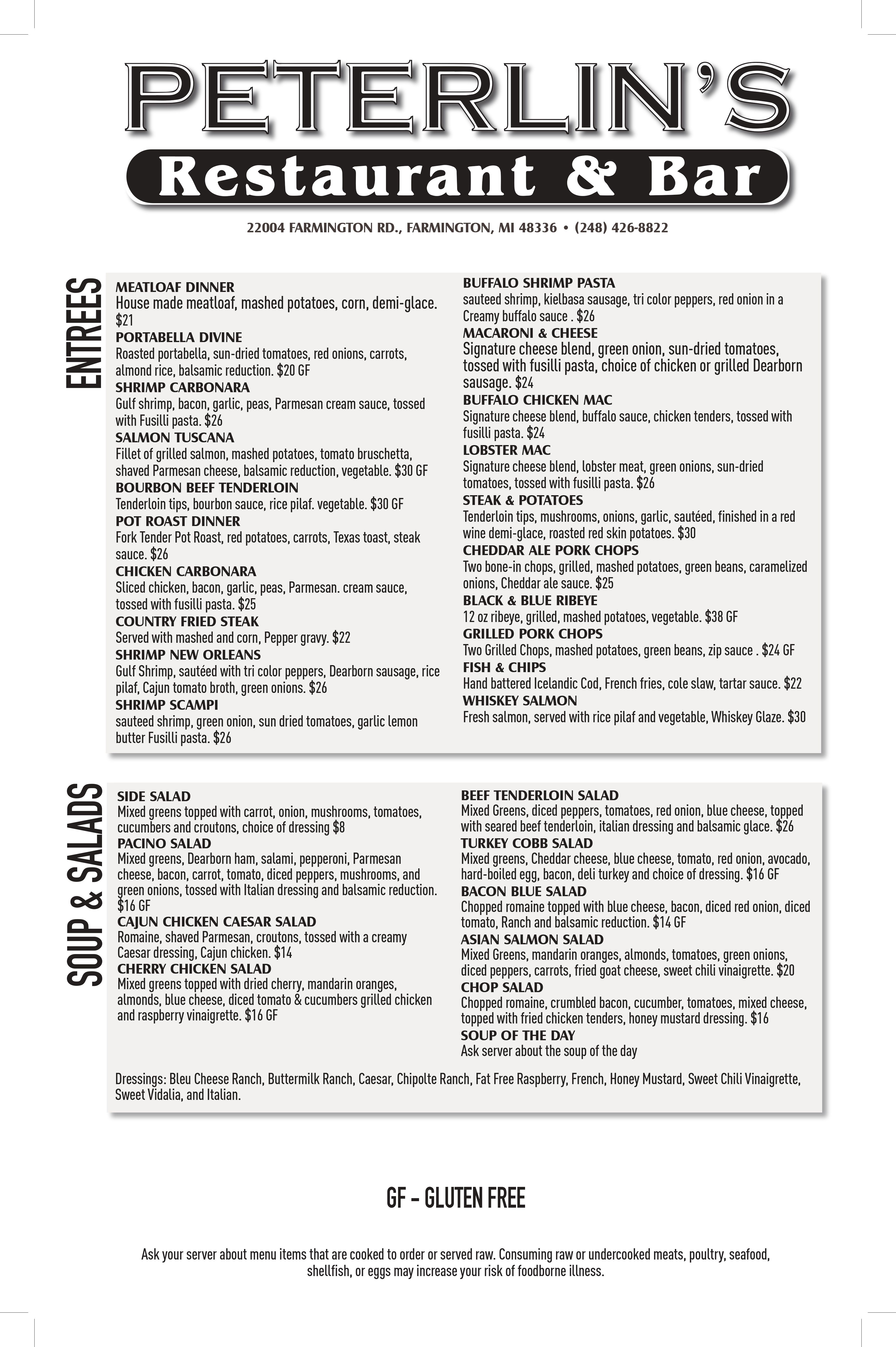 Current Menu - Peterlins Restaurant & Bar | Farmington, MI