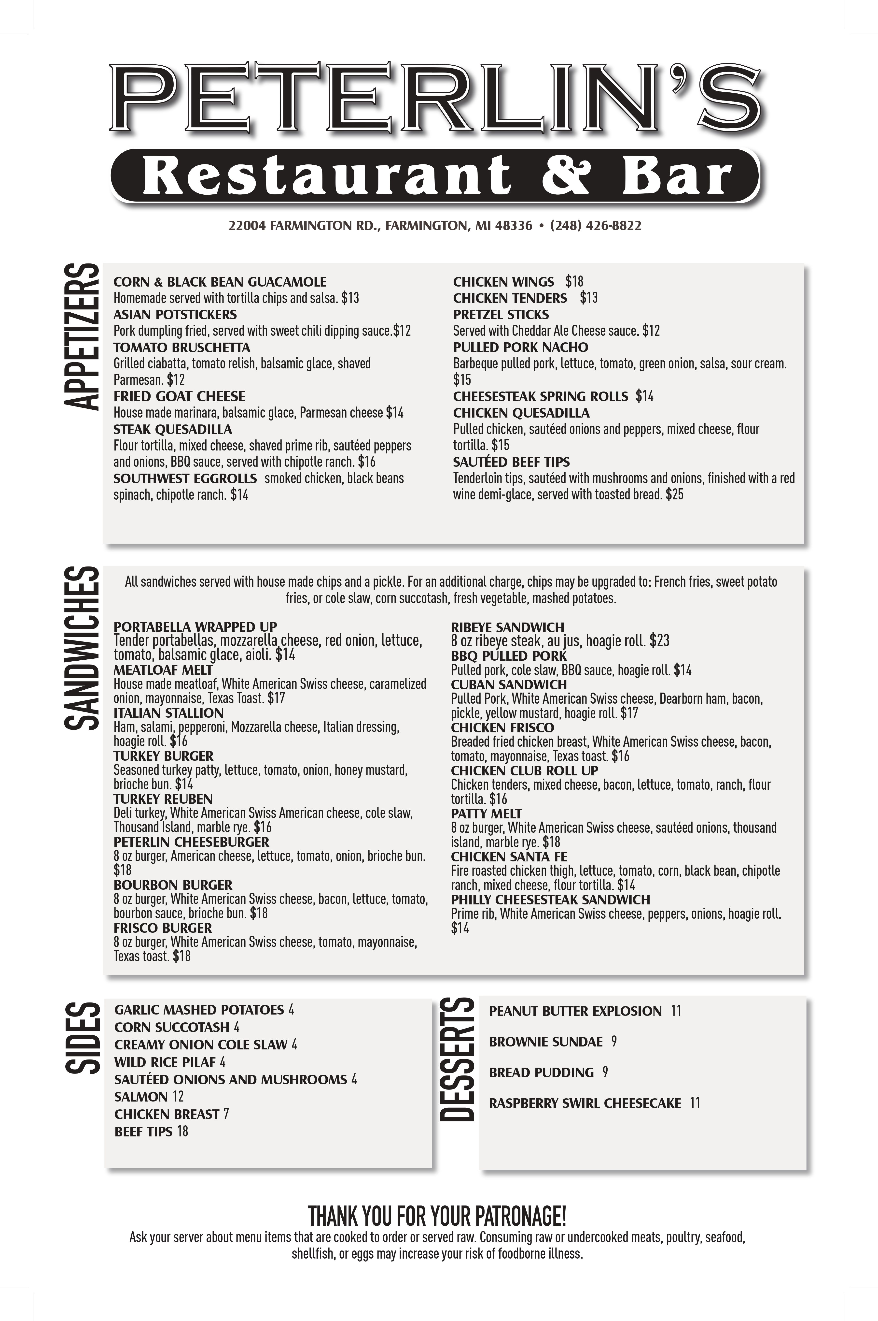 Current Menu - Peterlins Restaurant & Bar | Farmington, MI