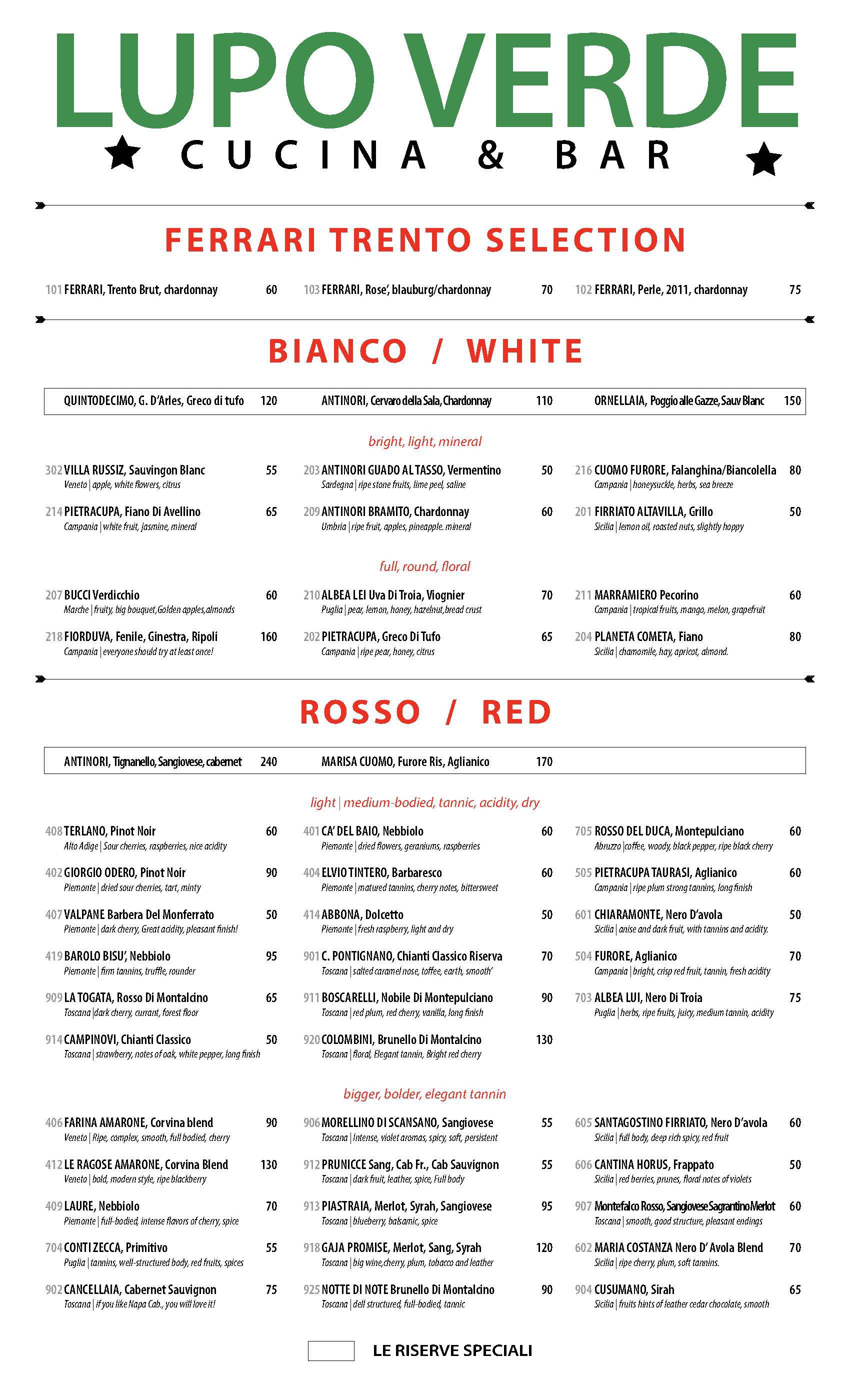 Bar Menu - Lupo Verde