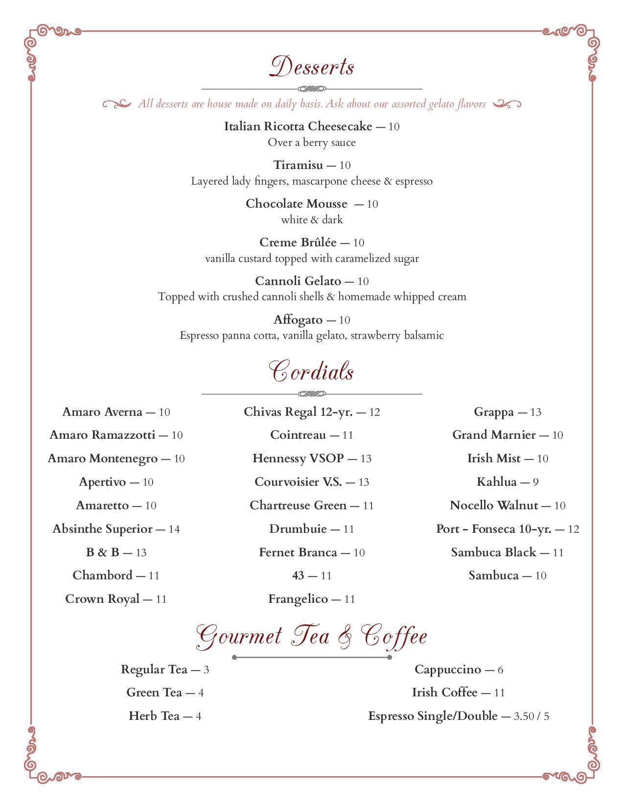 Dessert Menu - Marco Polo Ristorante