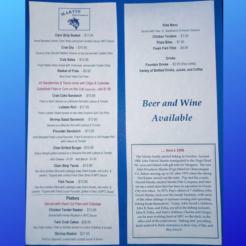 Menu - Lunch/Dinner - Martin Fish Co. LLC | Ocean City, Maryland 21842