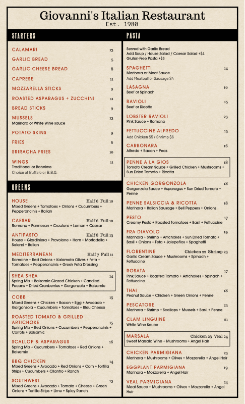 Menu - GIOVANNI'S RESTAURANT