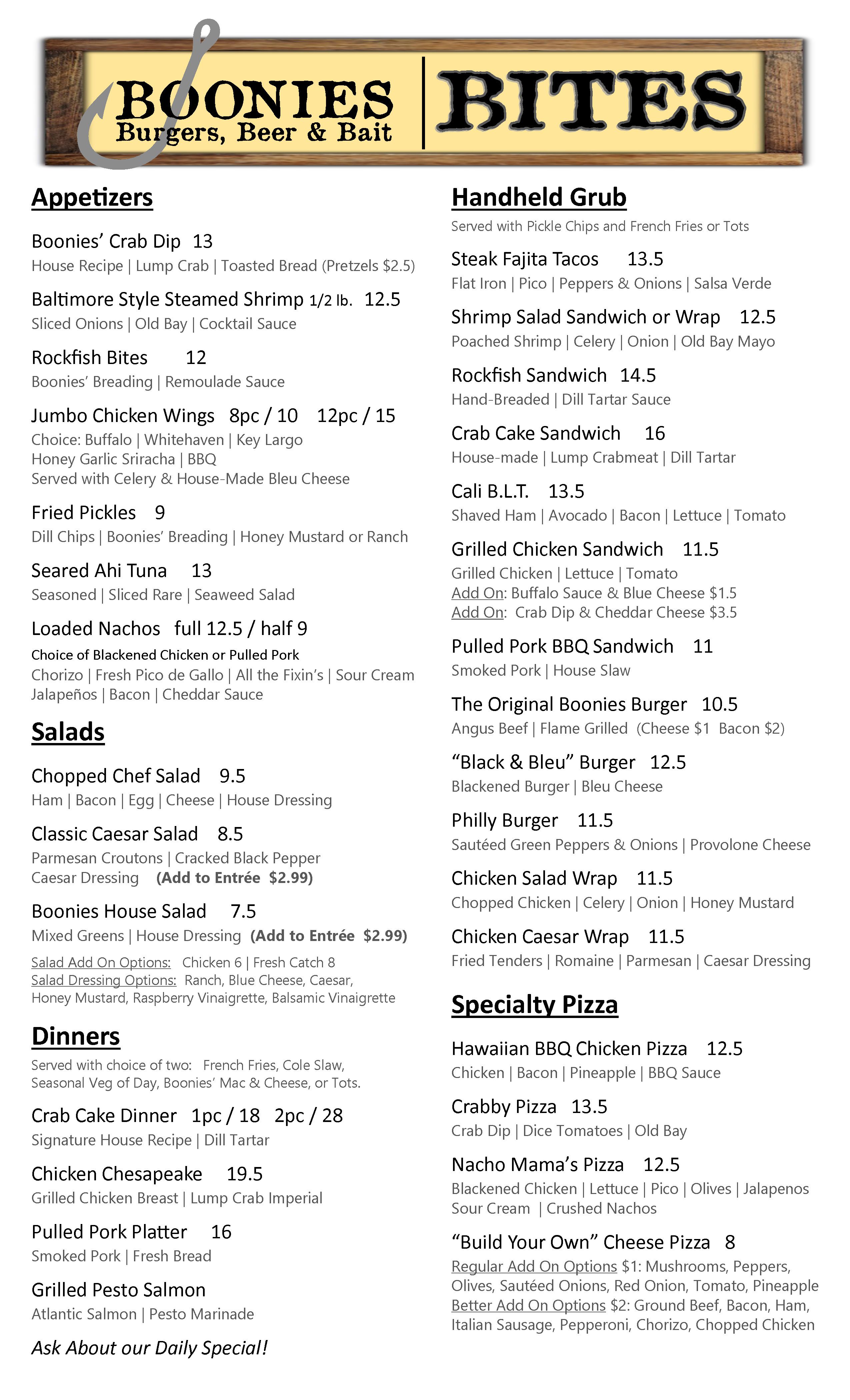 Boonies Menu - Boonies Restaurant and Tiki Bar