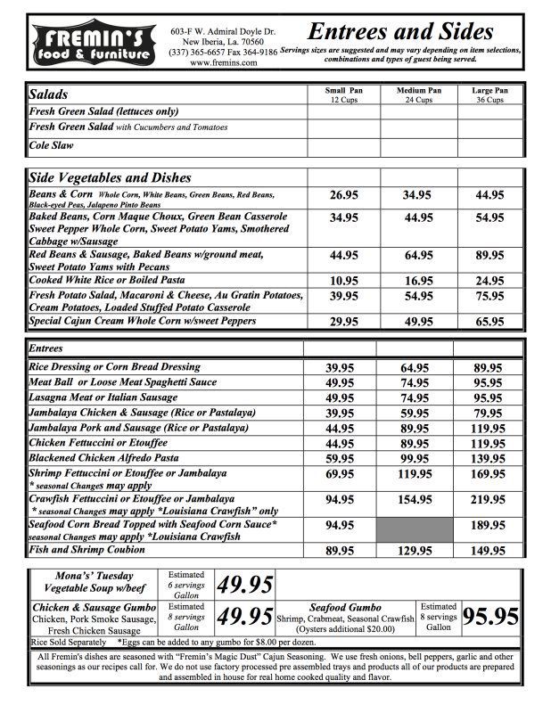 The Menu We Offer - Fremin's Food and Furniture