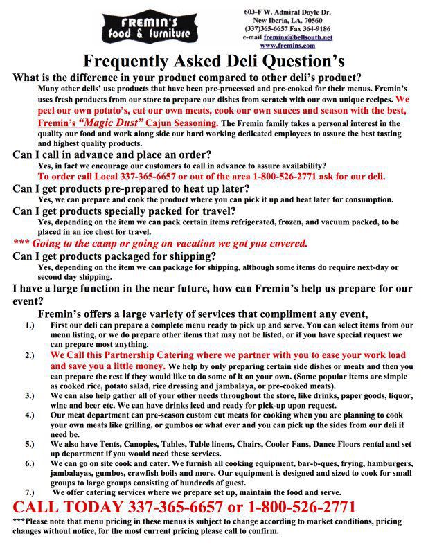 The Menu We Offer - Fremin's Food and Furniture