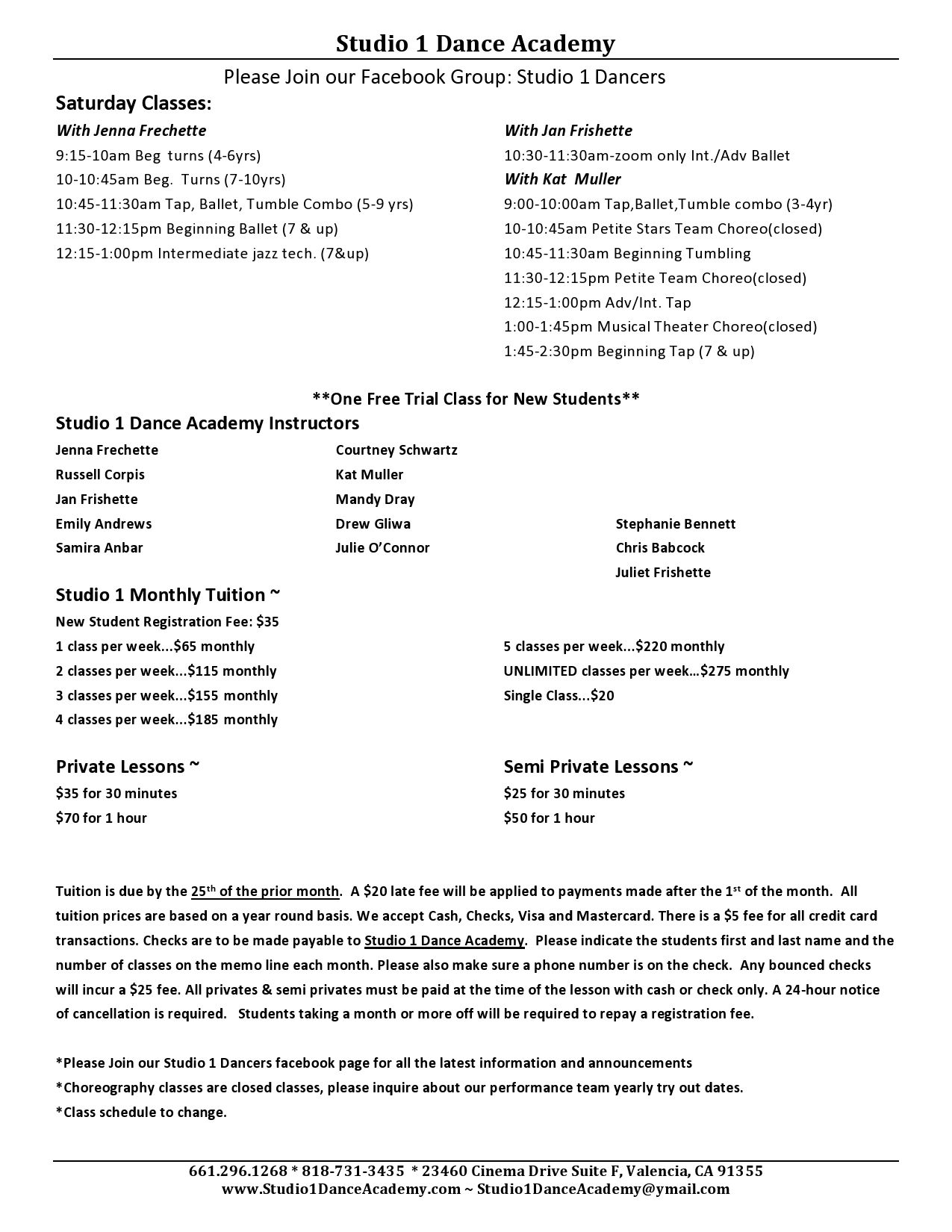 Dance Class Schedules - Studio 1 Dance Academy