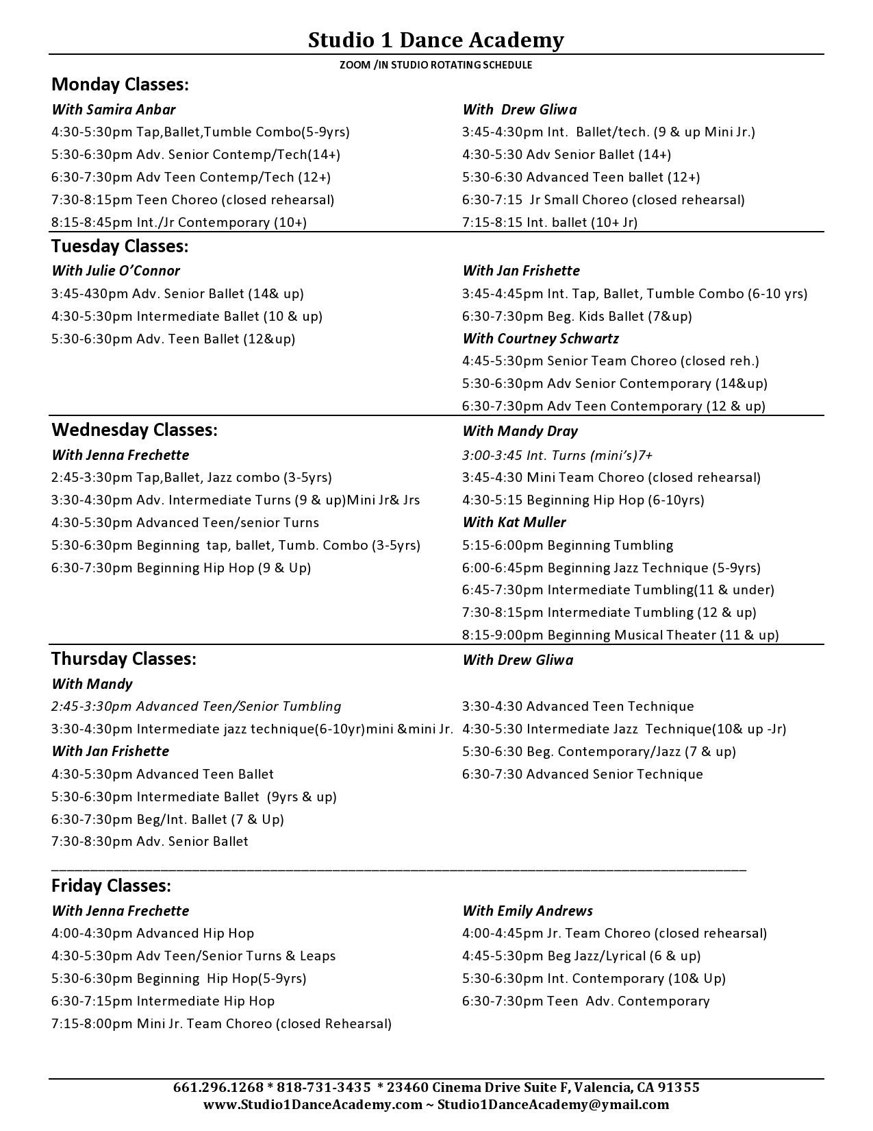 Dance Class Schedules - Studio 1 Dance Academy