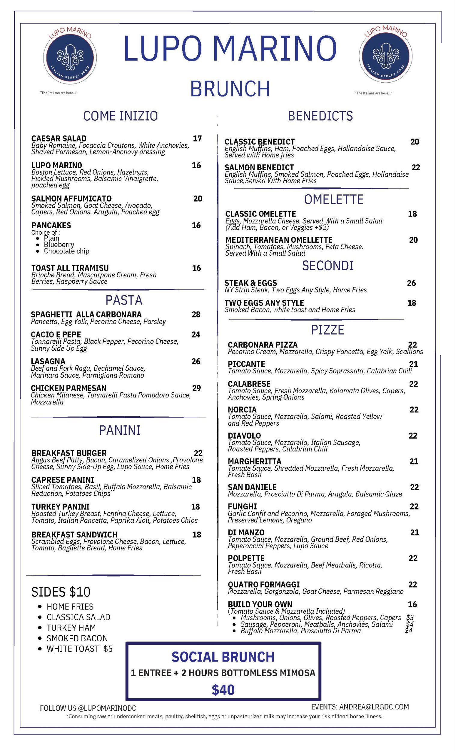 Our Brunch Menu - Lupo Marino