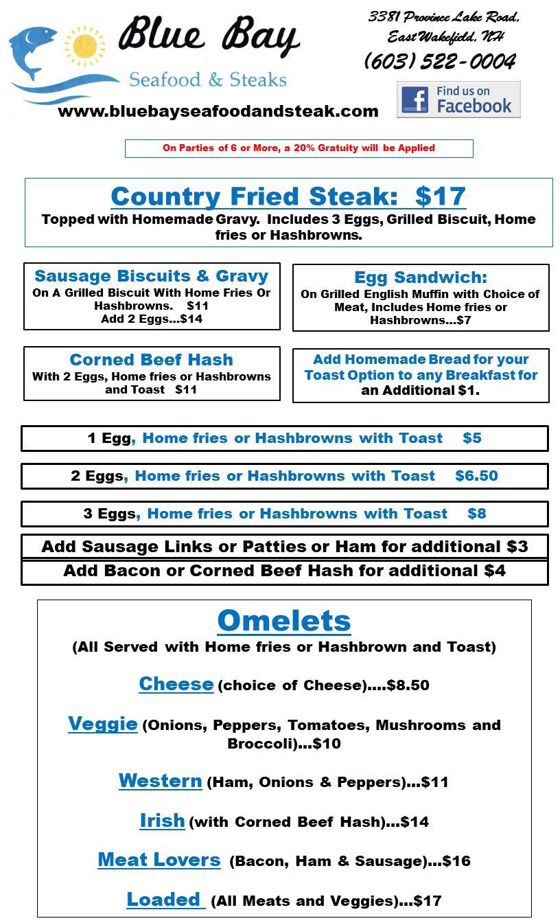 Restaurant Food Menu - Blue Bay Seafood and Steaks