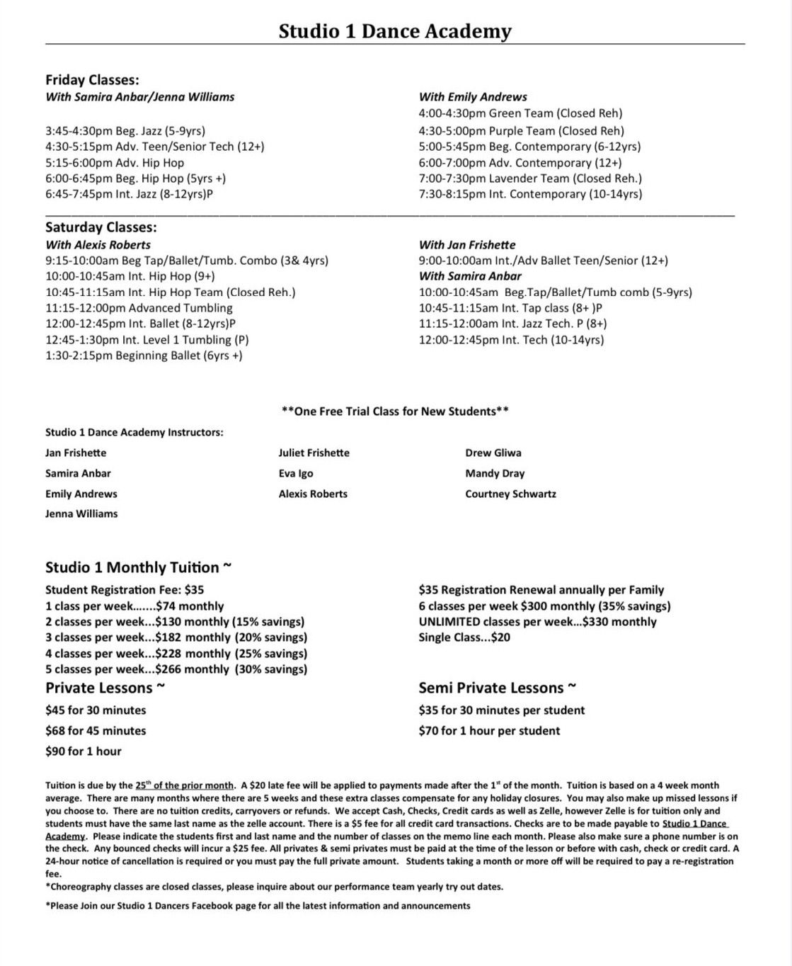Dance Class Schedules - Studio 1 Dance Academy