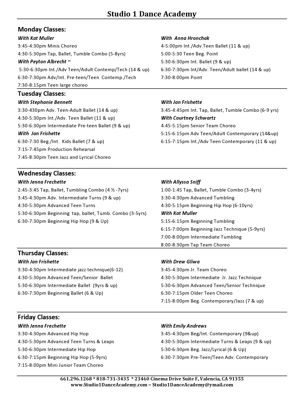 Dance Class Schedules - Studio 1 Dance Academy