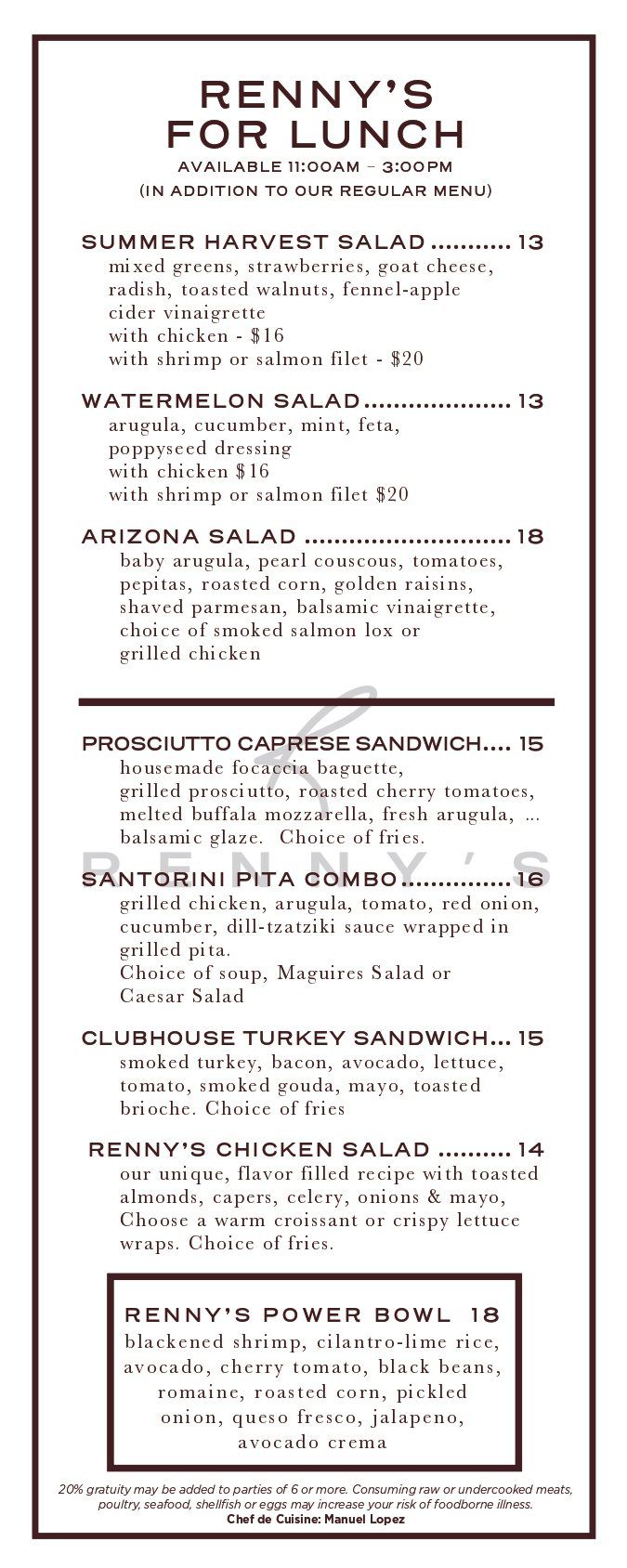 Lunch Menu Features - Renny's Bar & Grill | Dallas, TX
