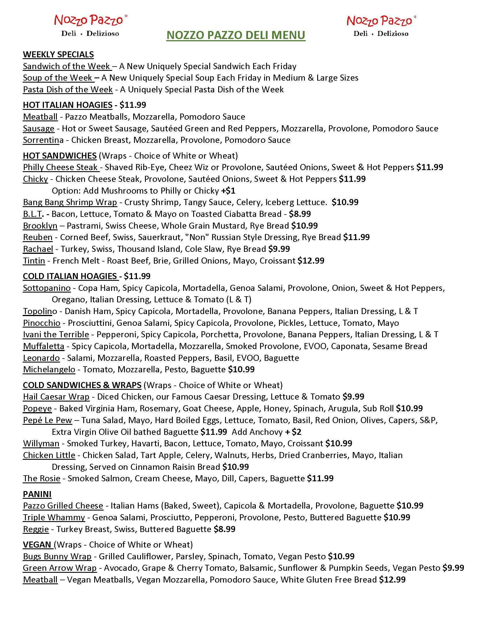 Menu - Nozzo Pazzo | Vienna, VA