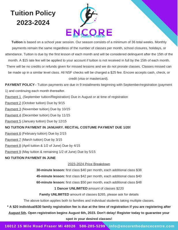 Registration/Schedule - Encore the Dance Centre