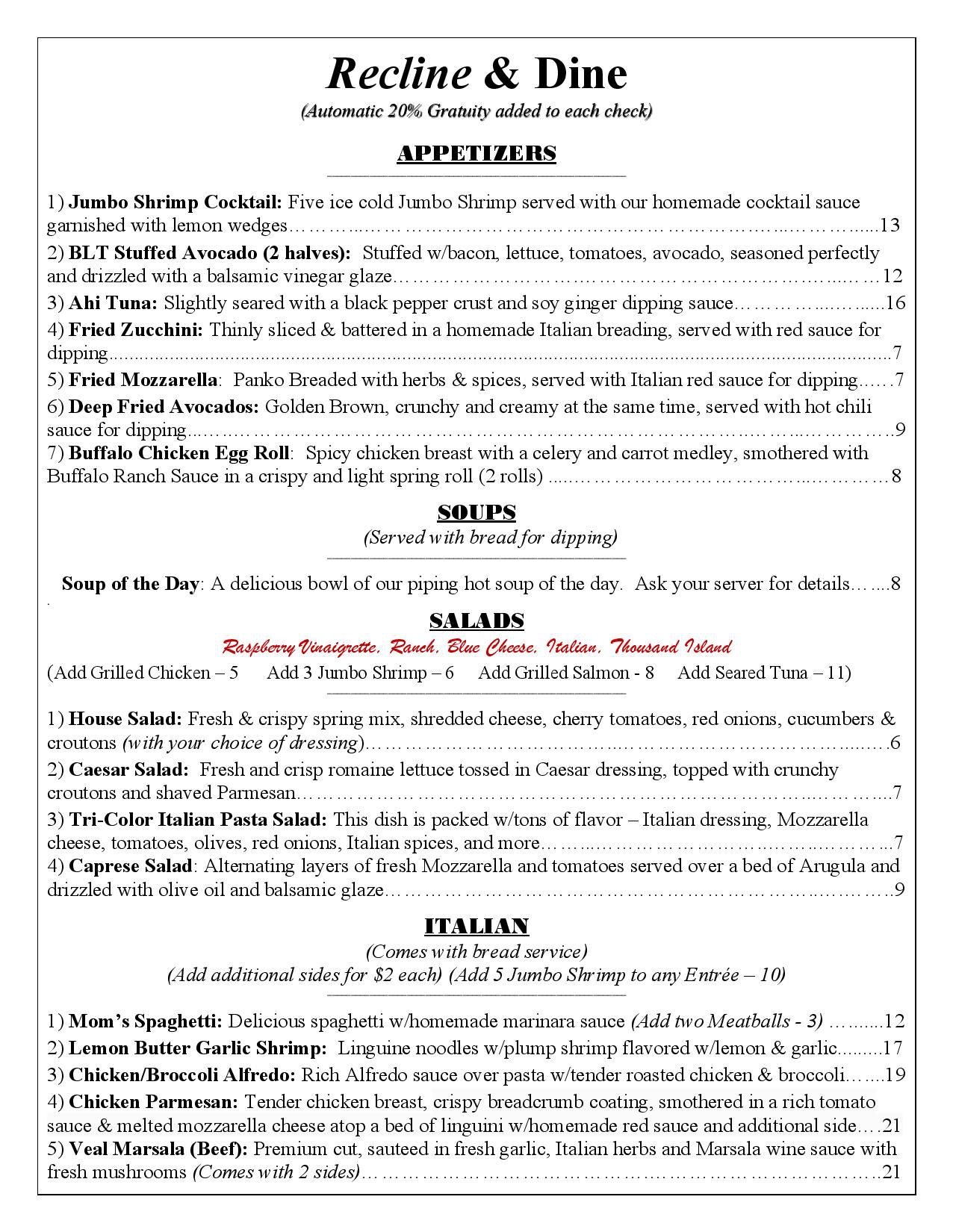 Food Menu - Bow Tie Massage