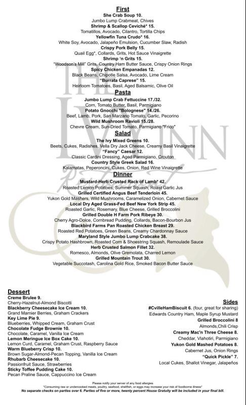 Dinner Menu - Ivy Inn
