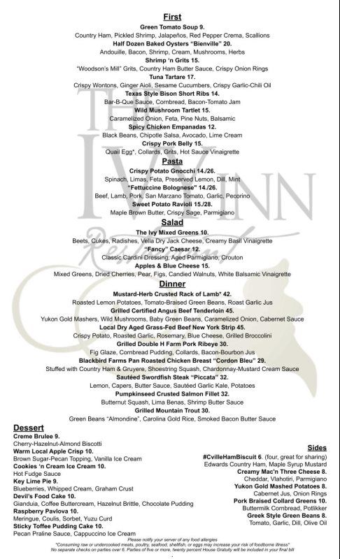 Dinner Menu - Ivy Inn
